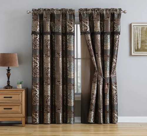 4 pc Earth Tones Gold Floral Patchwork Curtains Panels Drapes Pair 84 ...