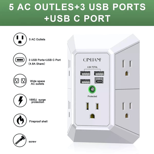 5 Outlet Extender Surge Protector Multi Plug Wall Adapter USB Charger ...