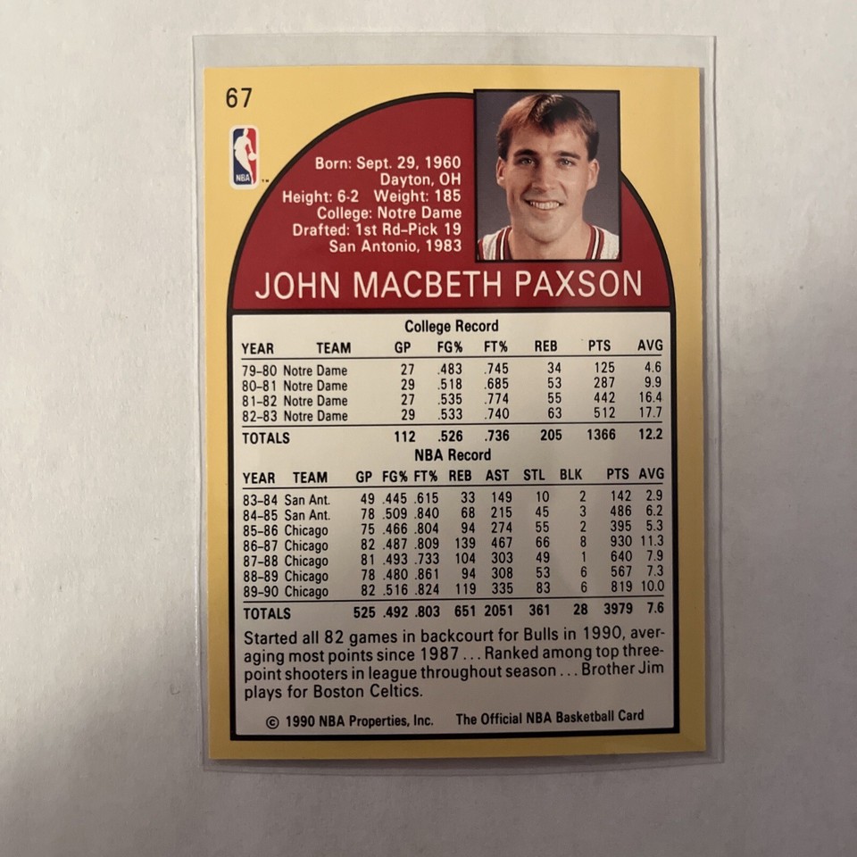 1990 Hoops John Paxson basketball card NBA Chicago Bulls #67 Notre Dame ...
