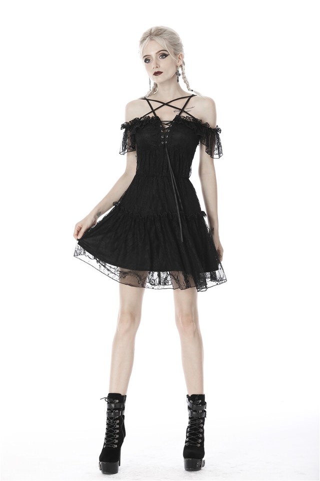DARK IN LOVE Women Gothic Off-The-Shoulder Lace Pentagram Short party ...