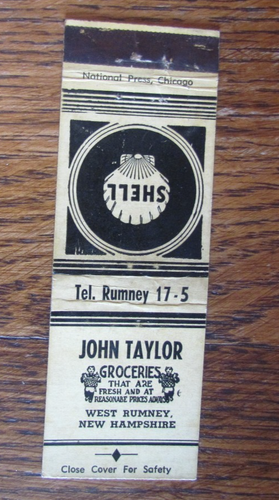JOHN TAYLOR SHELL GAS STATION MATCHBOOK COVER: WEST RUMNEY, NH ...
