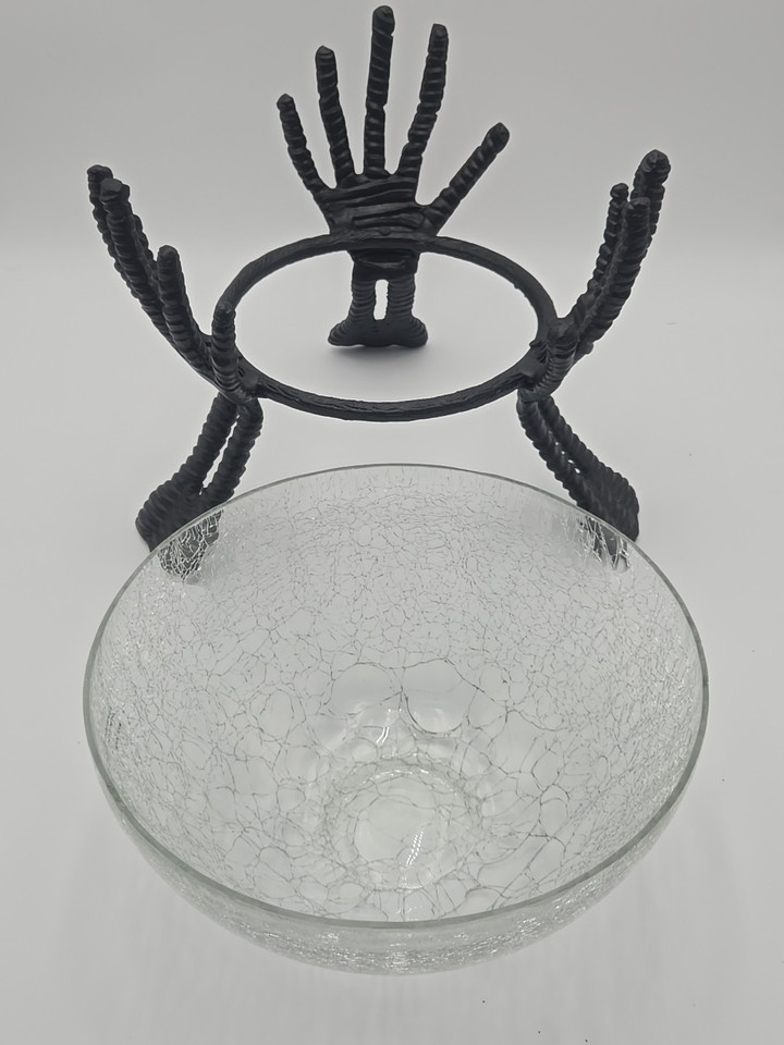 Halloween Skeleton Hand Stand With Glass Bowl Metal Candy Chips Decor ...