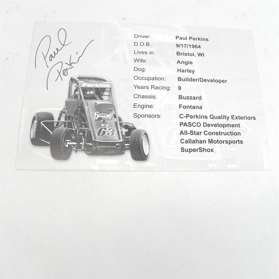 VINTAGE PAUL PERKINS DIRT TRACK RACING AUTOGRAPHED CARD 4 X 6 SPRINT ...