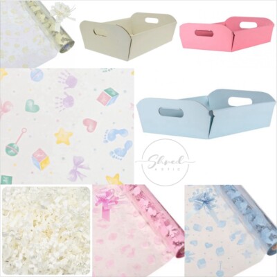 ShredAstic New Baby Shower Cellophane Wrap Hamper Tray Tissue Paper Bow ...
