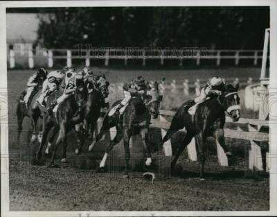 1934 Press Photo Tanforan track Aloching 1st, Johnny D 2nd. Vermont 3rd ...