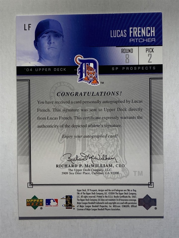 LUCAS FRENCH tigers 2004 UD SP Prospects Draft Pick AUTO 389/400 (BB5 ...