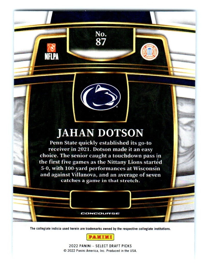 2022 Panini Select Draft Picks Jahan Dotson Rookie Penn State Nittany ...