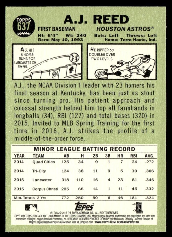2016 Topps Heritage High Number #637 A.J. Reed Houston Astros Rookie | eBay