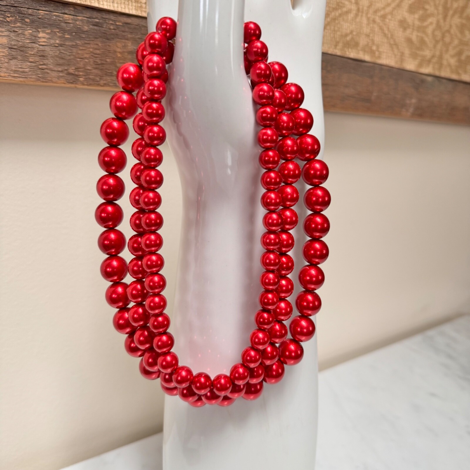 Vintage Beautiful Round Red Beads Multi-Strand Necklace Hook Closure 10 ...
