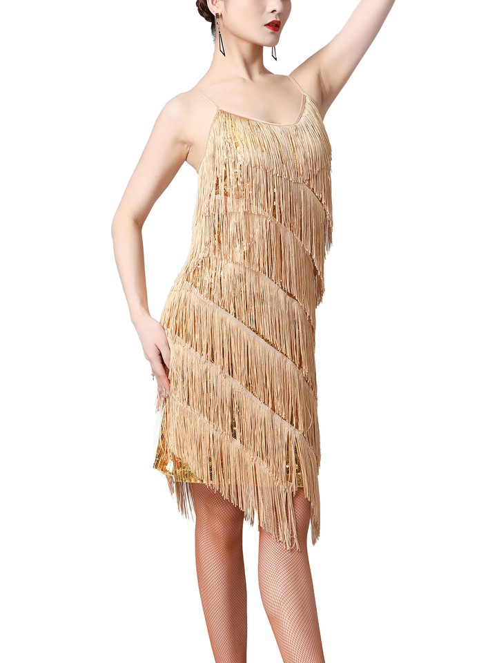 Women Sequins Fringe Tassel Flapper Dress Samba Chacha Tango Latin ...