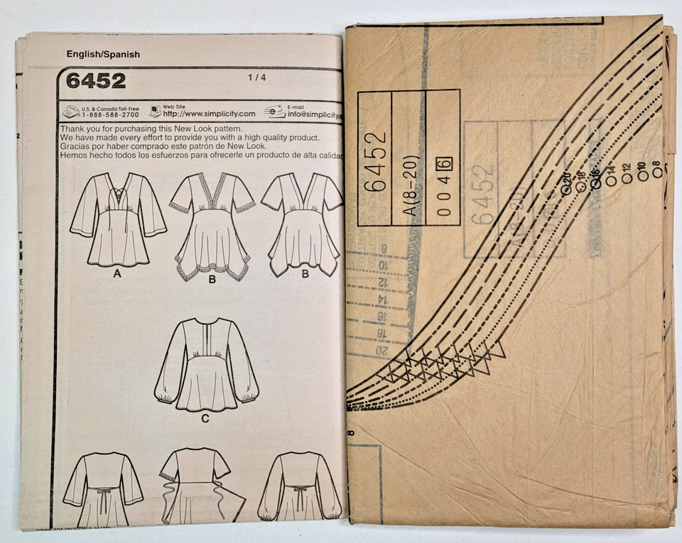 New Look Sew Pattern 6452 Misses Boho Tops Blouse w/Variations Size 8 ...
