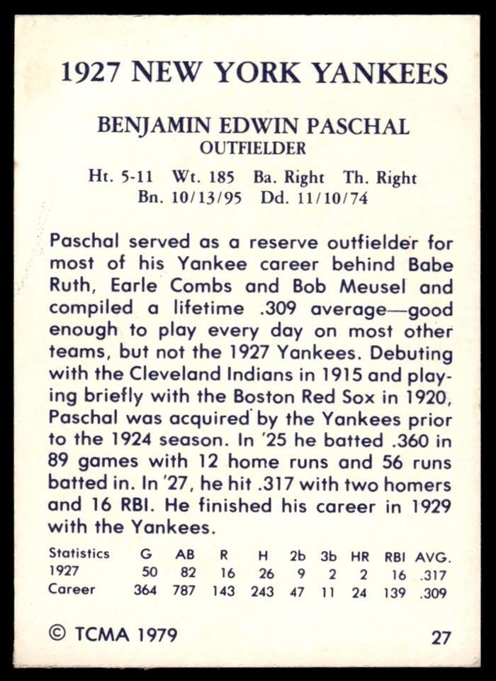 1979 TCMA 1927 New York Yankees Ben Paschal Baseball Card #27 | eBay