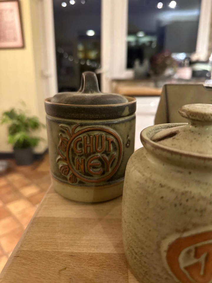 Cornish or Charmouth studio pottery jam marmalade chutney garlic honey ...