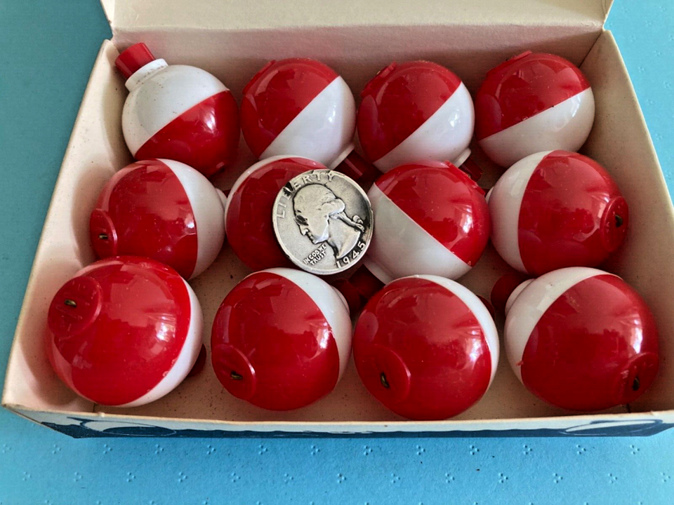 NEW VTG USA 12 BOX FISHING BOBBERS Round Floats Red White Plastic SNAP ...