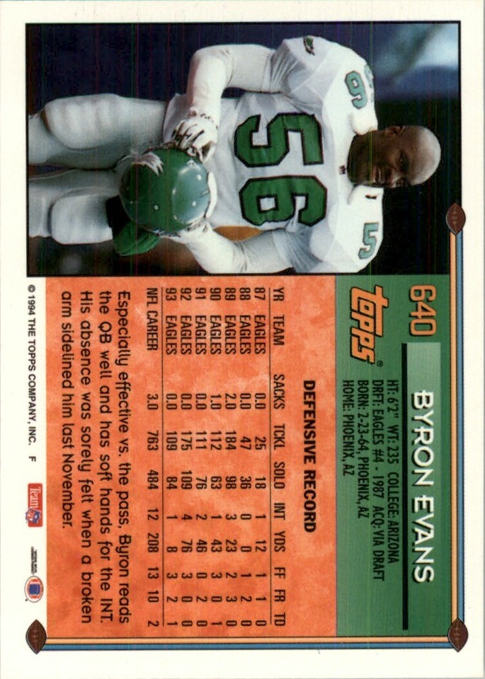 1994 Topps NFL Byron Evans #640 | eBay