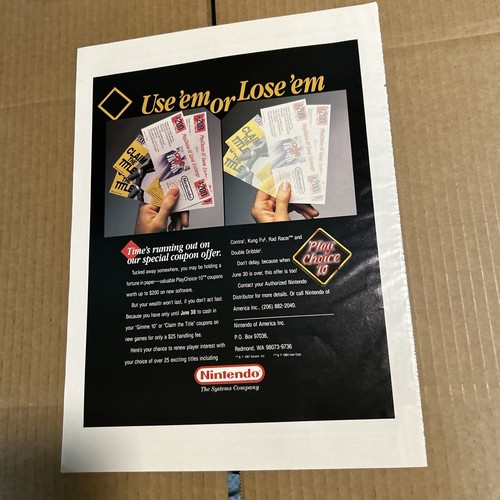 GIANT Nintendo Play Choice 10 Use Em Lose Coupon 1988 arcade game FLYER ...