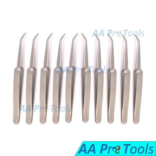 10 Cross Lock Tweezers Angled Short Pointed Self Closing Reverse Action ...