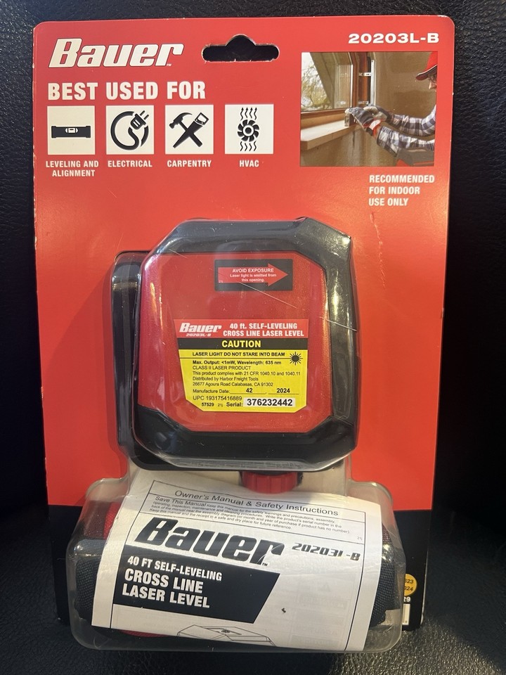 BAUER LASER LEVEL 40ft. SELF LEVELING Cross line laser level 57529 ...