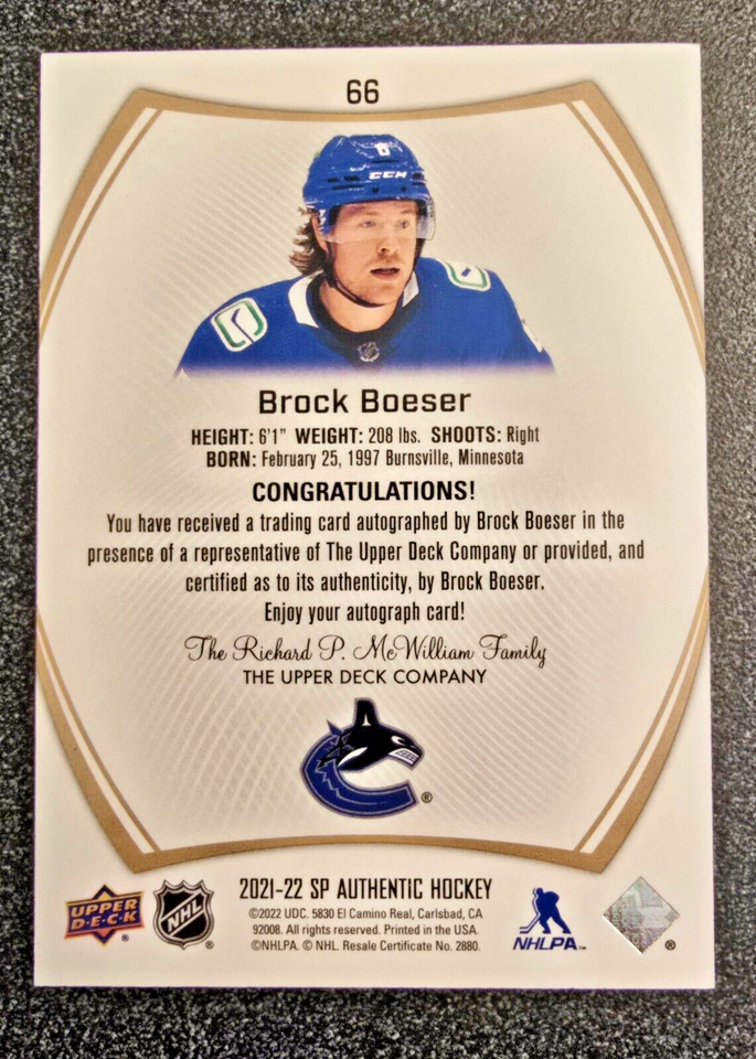 2021-22 BROCK BOESER SP AUTHENTIC LIMITED AUTOGRAPHS #66 VANCOUVER ...