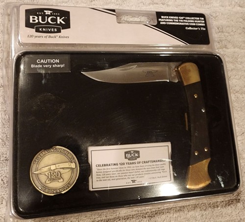 Buck 110 Folding Knife & Leather Sheath - New with Commemorative Coin ...