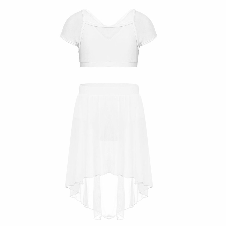 Girls 2Pcs Lyrical Dance Dress Crop Top+Mesh Skirt Ballet Gym Dancewear ...