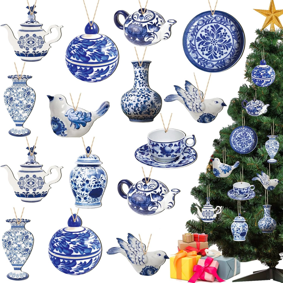Gerrii 40 Pieces Christmas Chinoiserie Ornaments Wooden Blue and White ...
