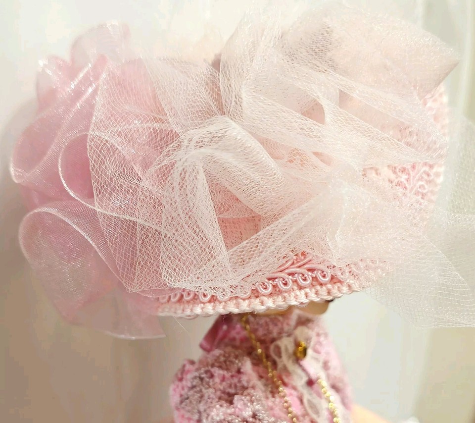 OOAK BLONDE BARBIE in VARIEGATED PINK CROCHET VINTAGE STYLE GOWN w ...