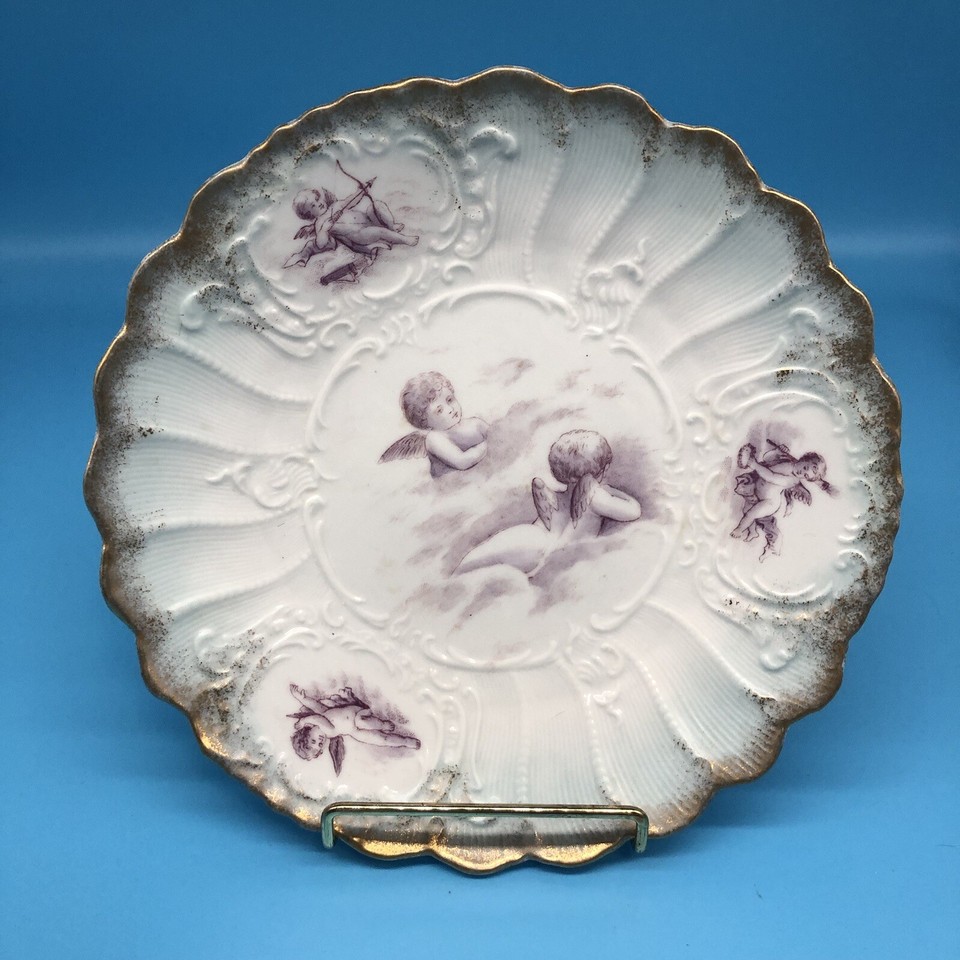 Vintage Weimar Germany 8” Plate Purple Cherubs Gilt Gold Rim Scalloped ...
