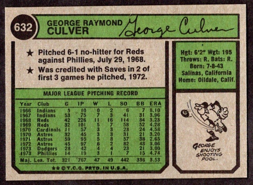 1974 Topps #632 George Culver Philadelphia Phillies EX | eBay