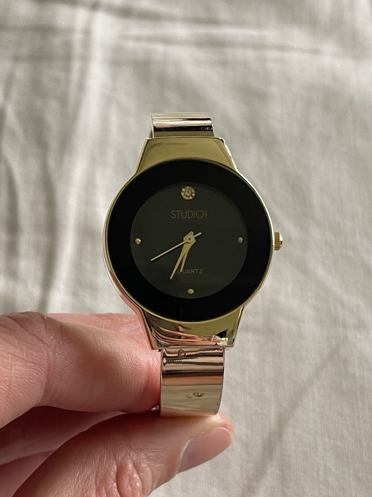 Studio Time Women’s Wrist Watch Quartz Gold Color Band Round Black Face ...