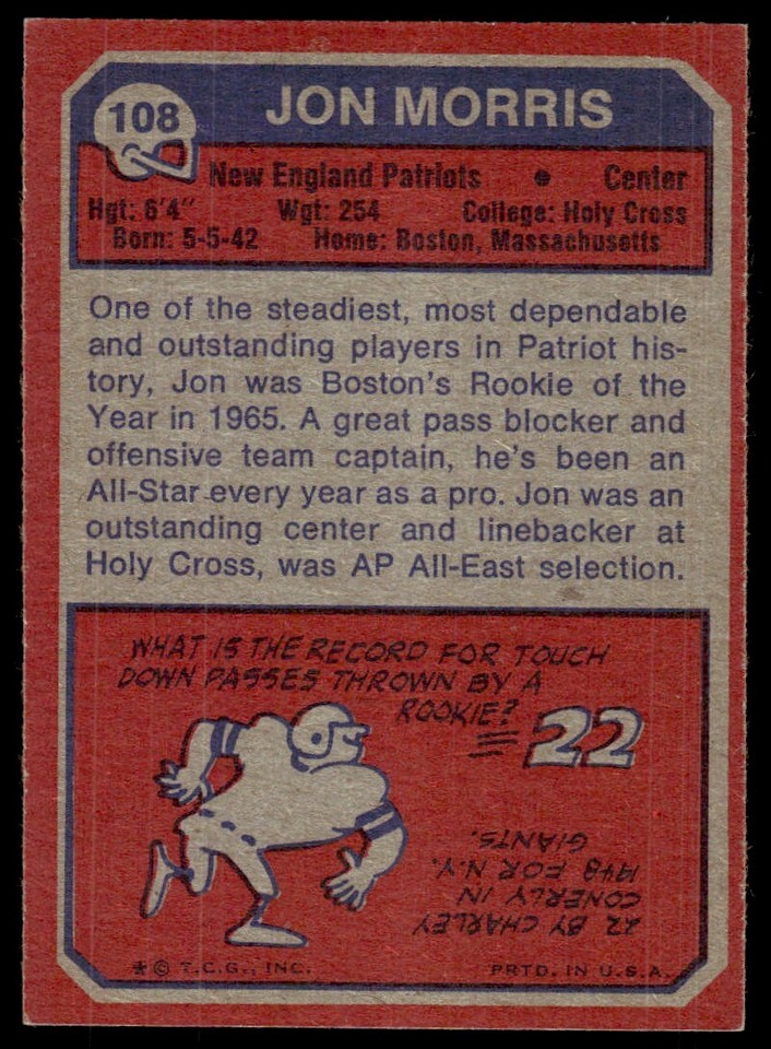 1973 TOPPS JON MORRIS 10 NEW ENGLAND PATRIOTS #108 | eBay