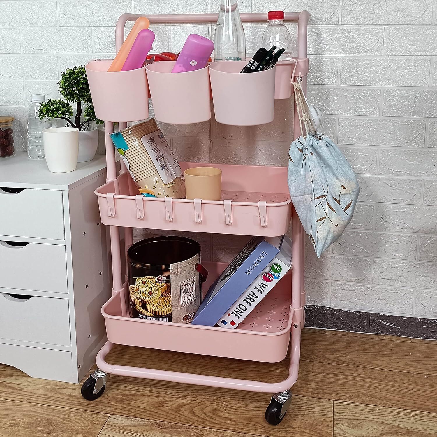 Freletry 3 Tier Utility Rolling Cart Storage Pink 3 Cup+8 Hook+2 Box | eBay
