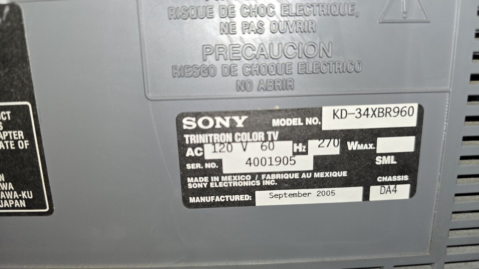 Sony 34" WEGA XBR HDTV KD-34XBR960 CRT HDMI High-Definition TV W/stand ...