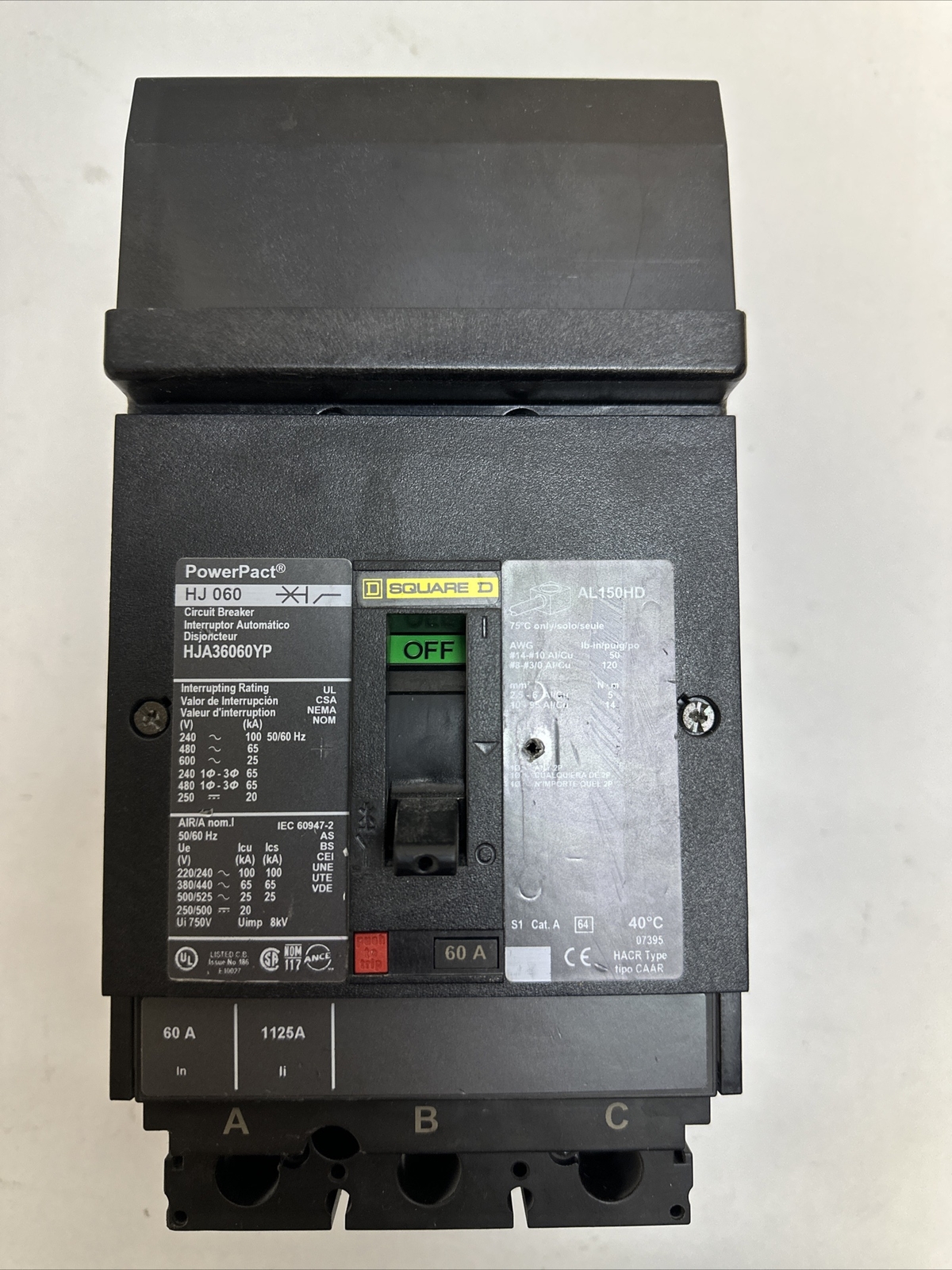 SQUARE D HJA36060YP POWER PACT CIRCUIT BREAKER 60A 600VAC 250VDC 3POLE ...