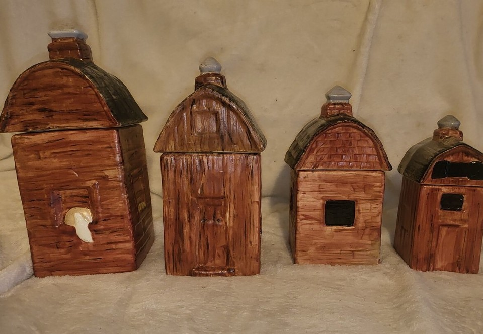 Vtg Farmhouse Farm Country Kitchen Canister Set Barnyard Barn Stable ...