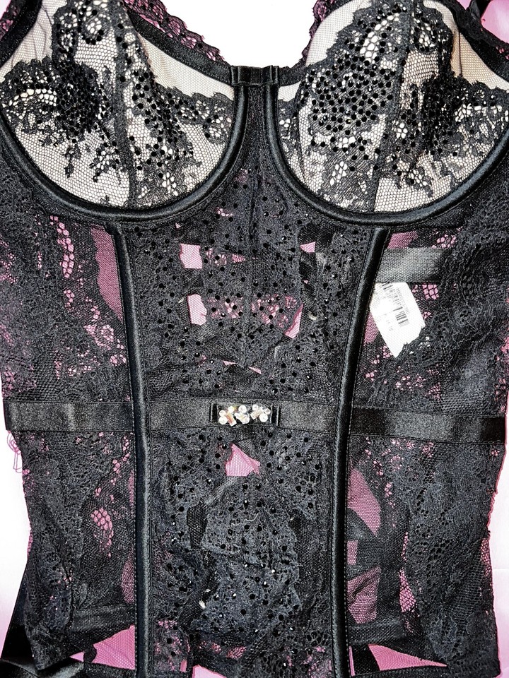 Victoria's Secret DESIGNER COLLECTION 32C CORSET SET S BLACK lace ...