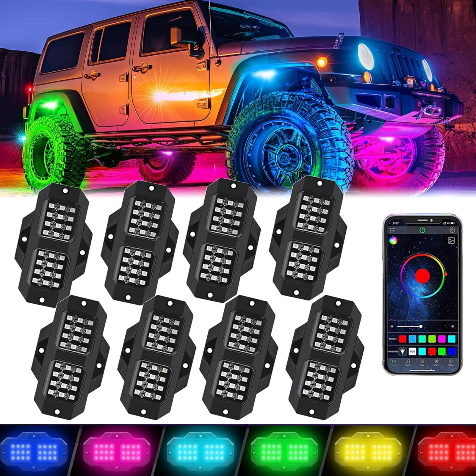 RGB-W LED Rock Lights Kit Underbody Neon Light Pods Bluetooth App ...