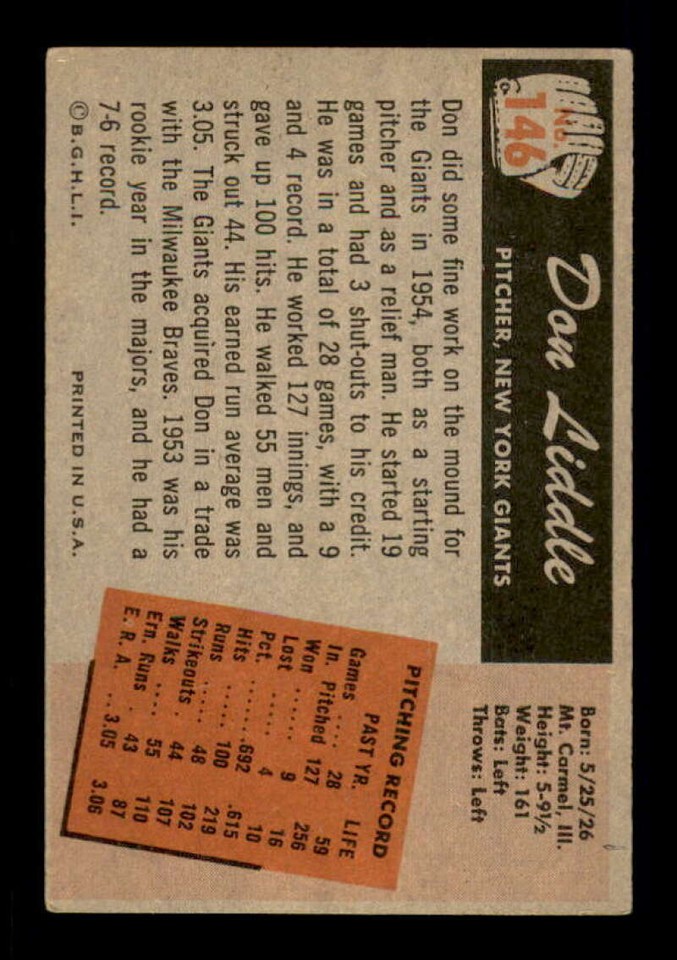 1955 Bowman #146 Don Liddle VG/VGEX NY Giants 533454 | eBay