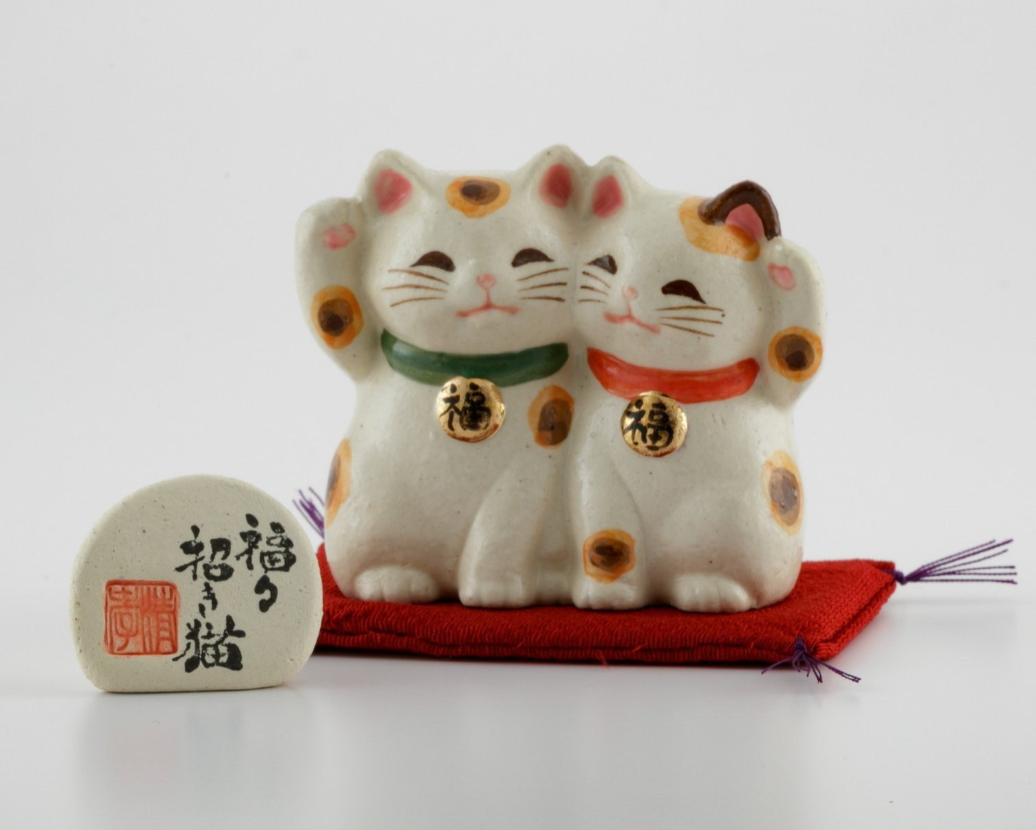 Japanese Handmade Lucky Cat Maneki Neko 12cm Couple Pair Pottery Seto ...