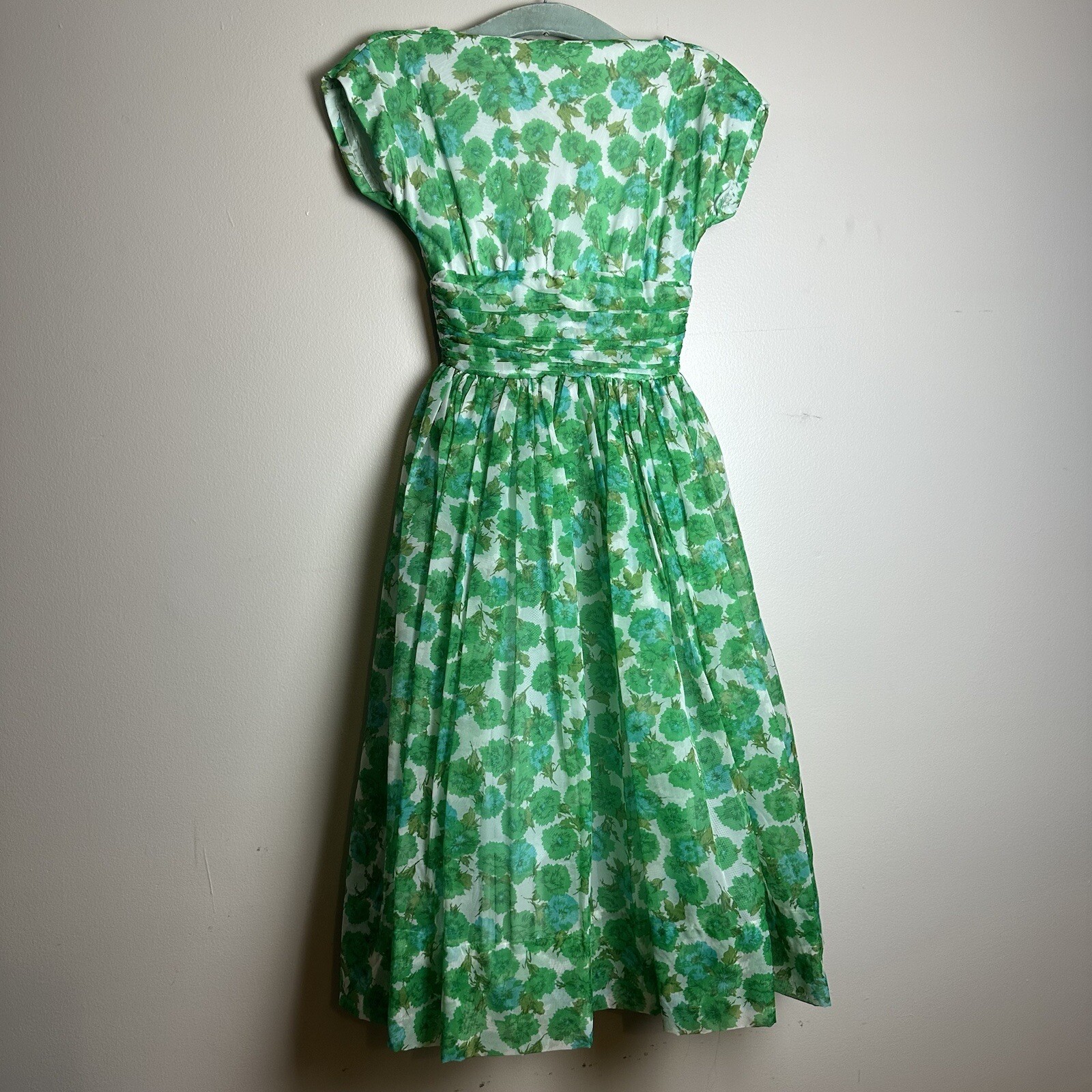 Vintage 1960s Green Blue Floral Midi Swing Dress With… - Gem