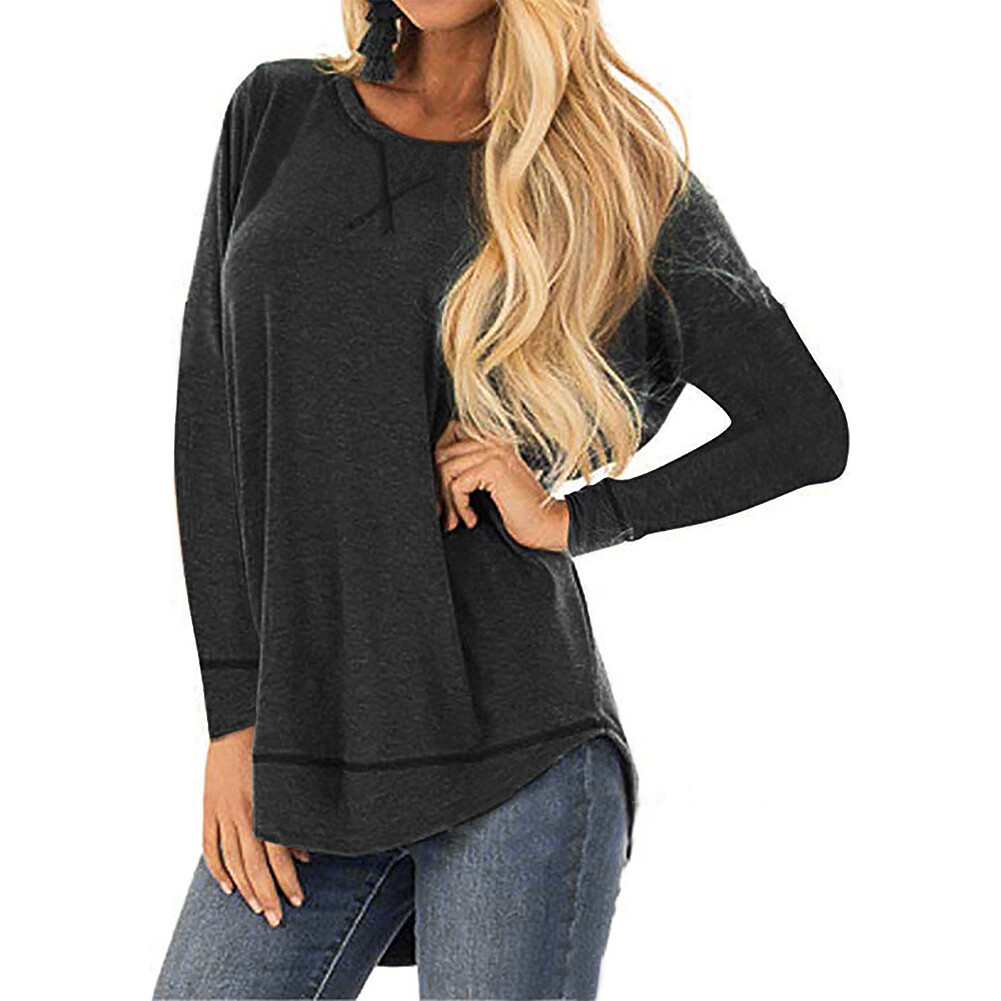 Spring Autumn Irregular Long Sleeve Crew Neck Women Top Casual Side ...
