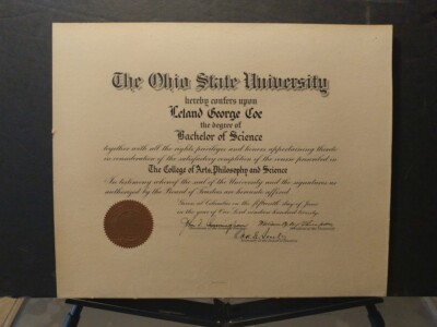 1175----1920 Ohio State University BS diploma - Dr. Leland Coe ...