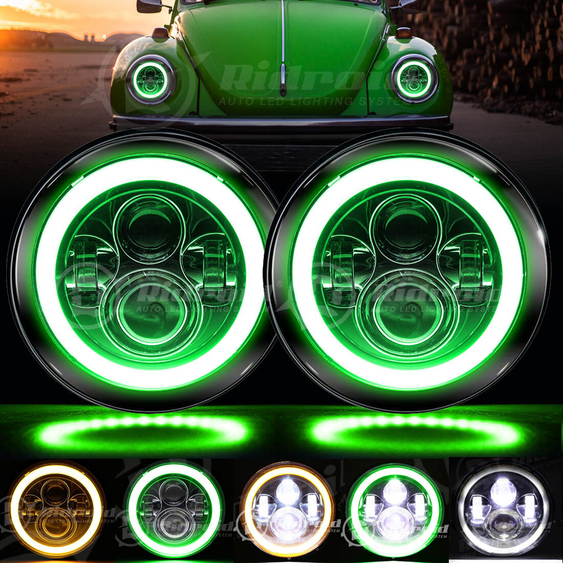 Green Halo 7" LED Headlights Hi/Lo For VW Beetle Bug 1967-79 Super ...