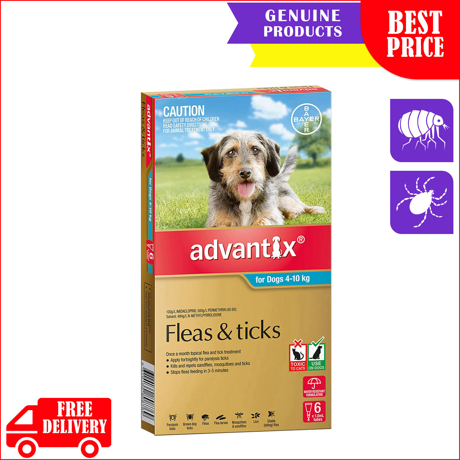 ADVANTIX for Dogs 6 Pipettes Flea and Tick Prevention All Sizes Long ...