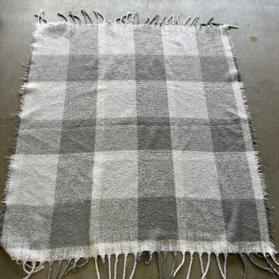 Magaschoni Home Throw Blanket 60”x60" Fringed Faux Mohair Plaid Grey ...