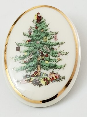 Vintage Signed SPODE Porcelain Oval Gold Trim Christmas Tree Brooch Pin ...