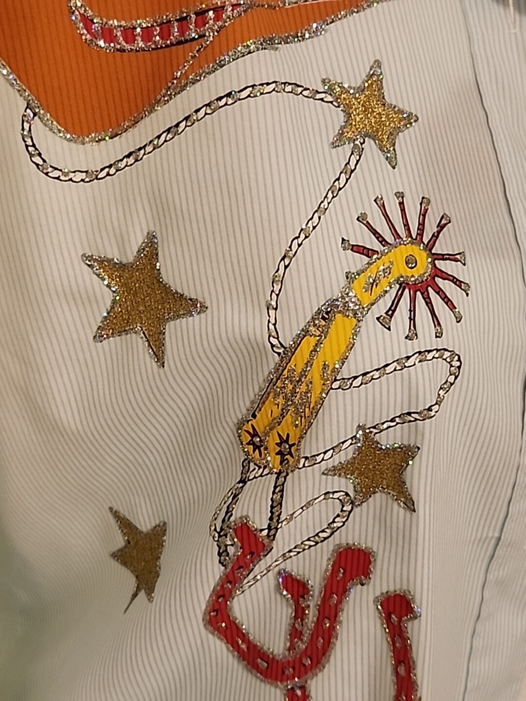 Vtg Las Olas Western Glittery Appliques Blue Pin Stripe Blouse Set w ...