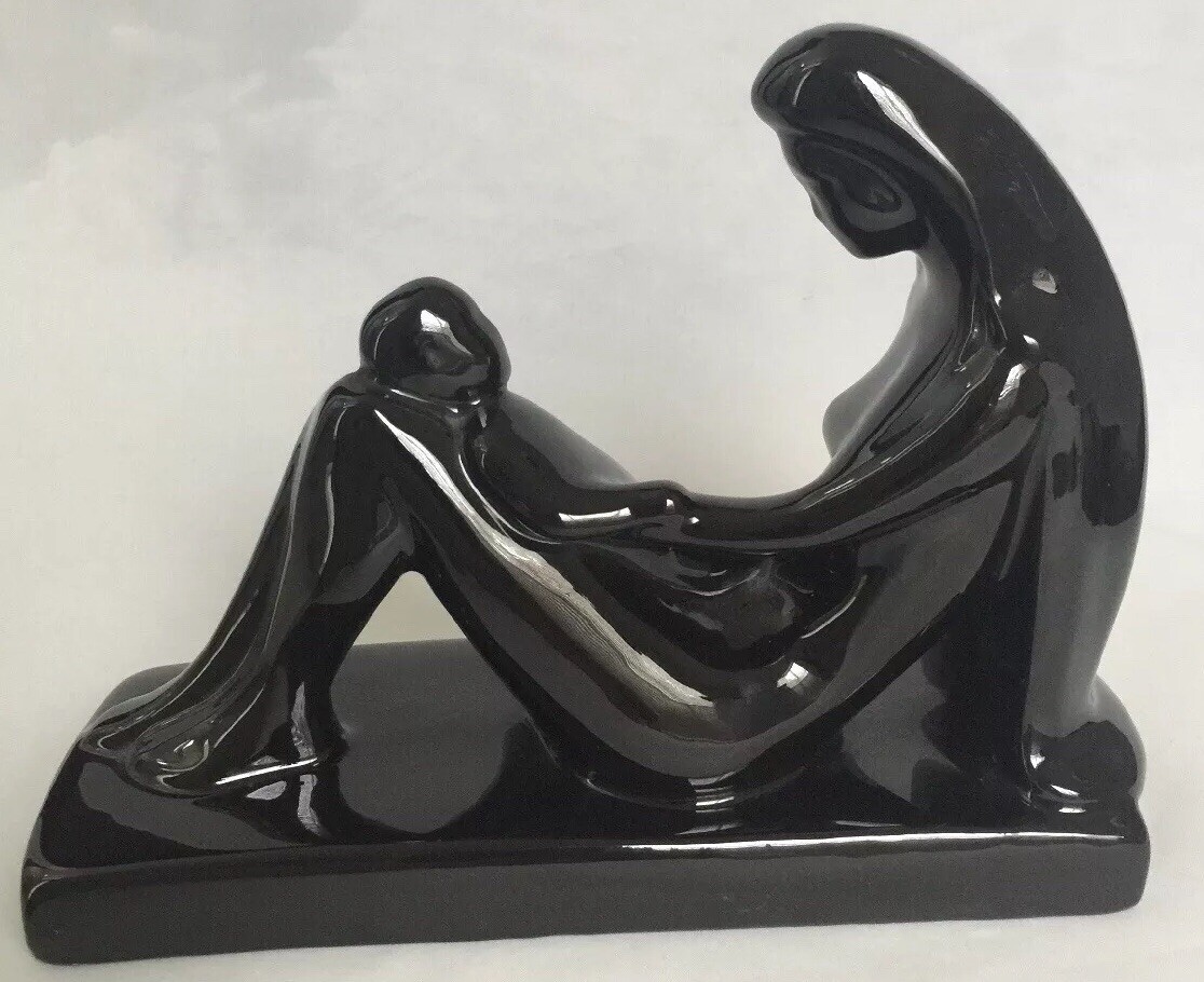 Haeger Mother & Child : Black Glazed Ceramic Statue Woman w Baby ...