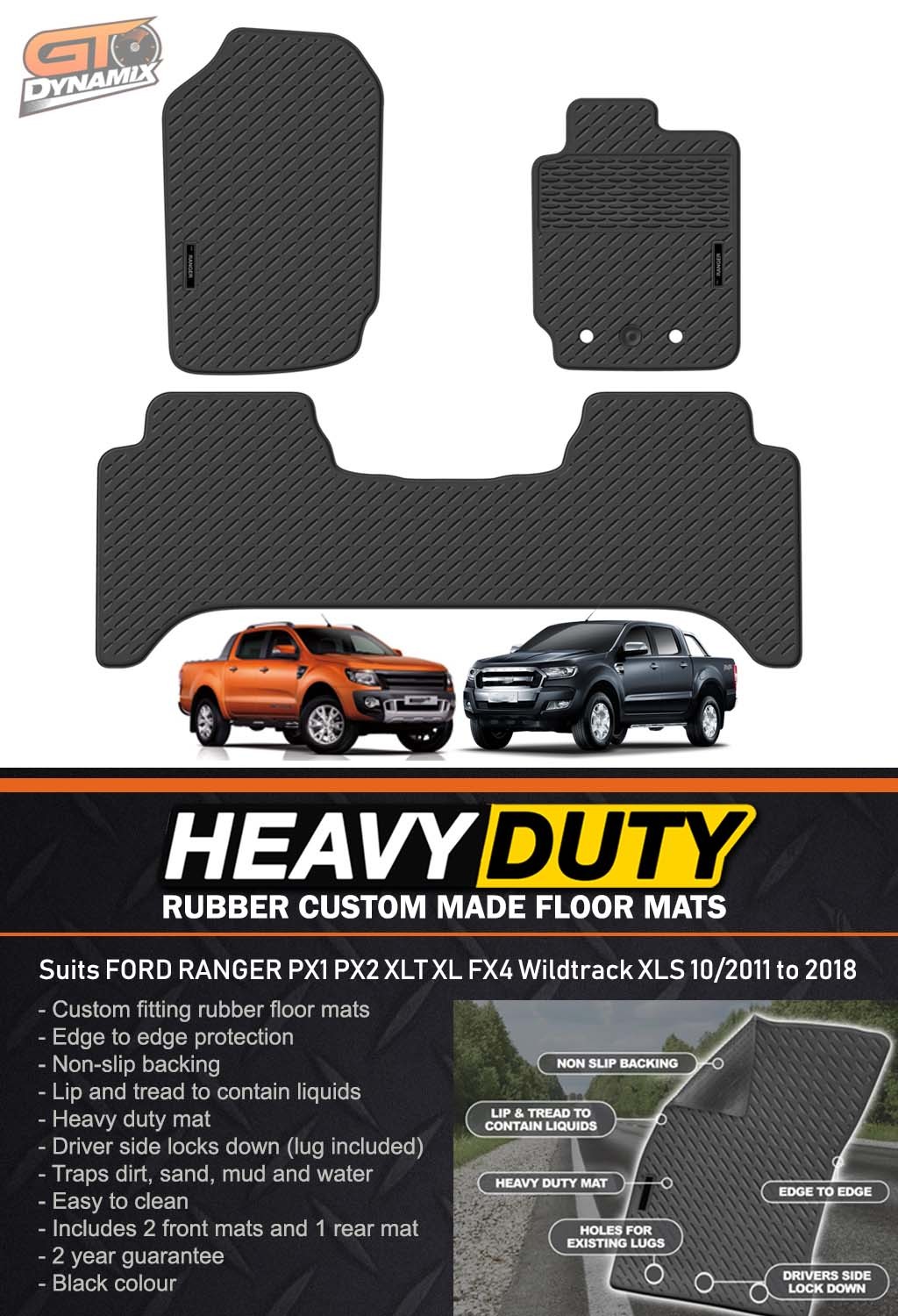 Custom HD Rubber Floor Mats Ford Ranger PX1 PX2 PX3 MK3 Dual Cab 2011 ...