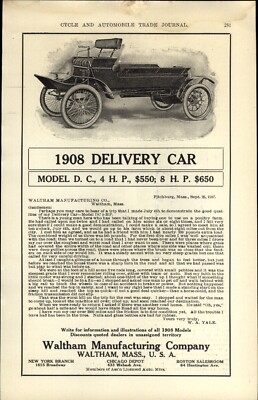 1907 PAPER AD CAR AUTO 4 PG ARTICLE Waltham 1908 Delivery Hewitt Motor ...
